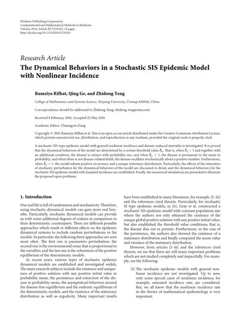 Pdf The Dynamical Behaviors In A Stochastic Sis Epidemic Model With Nonlinear Incidence
