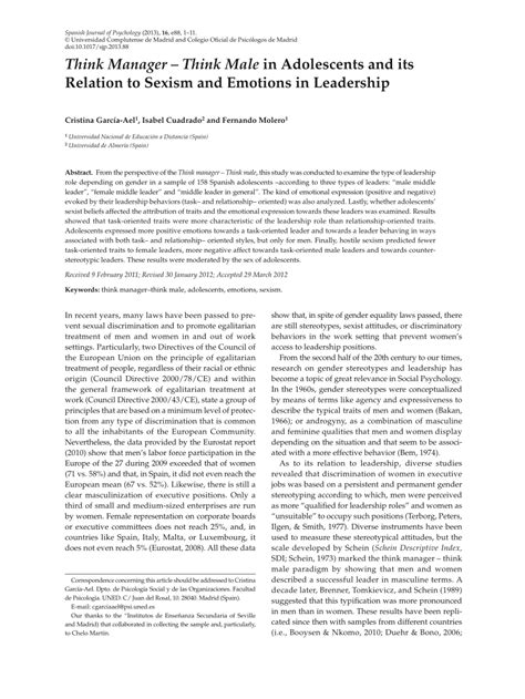 PDF Think Manager Think Male In Adolescents And Its Relation To Sexism And Emotions In