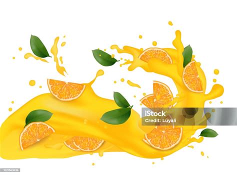 튀는 주스 우유 요구르트 오렌지 조각 오렌지 잎입니다 달콤한 오렌지 스플래시 포장 템플릿입니다 떨어지는 조각 3차원 형태에 대한 스톡 벡터 아트 및 기타 이미지 Istock