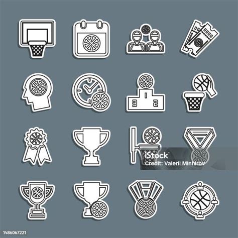 라인 계획 전략 농구 메달 및 바구니 선수 농구 시계 생각 백보드 및 스포츠 우승자 연단 아이콘을 설정합니다 벡터 1위에 대한