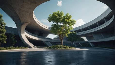 Premium Photo Futuristic Concrete Structure With Tree And Overpass
