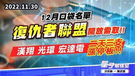 【量子戰情室】陳武傑 1130 12月口袋名單 復仇者聯盟 開放索取 漢翔 光環 宏達電 二天三支漲停板 Youtube
