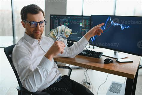Serious Business Man Trader Analyst Looking At Computer Monitor Investor Broker Analyzing