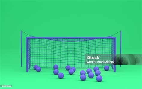 녹색 방에서 여러 샷 후 골 프레임과 보라색 축구 공의 무리 두 가지 색상 3d 렌더링 흑백 사진에 대한 스톡 사진 및 기타 이미지 흑백 사진 트라이 득점 0명