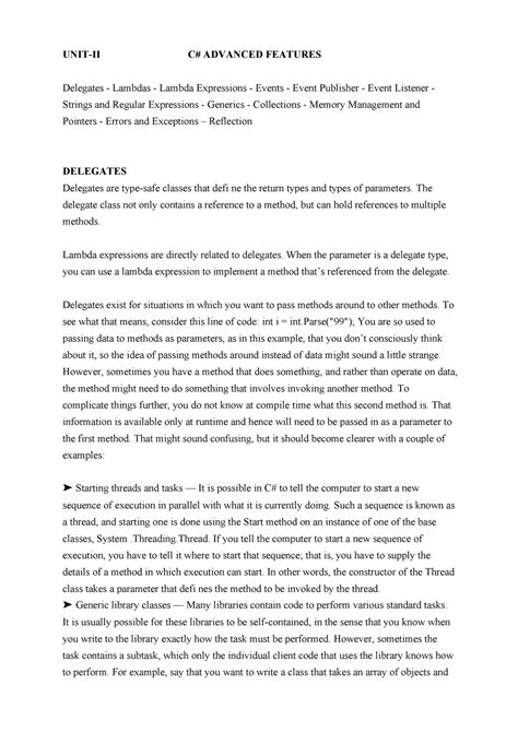 Unit2 Notes C 3fwefwe Unit Ii C Advanced Features Delegates Lambdas Lambda Expressions