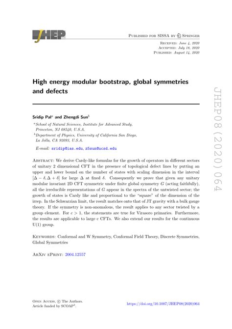 Pdf High Energy Modular Bootstrap Global Symmetries And Defects