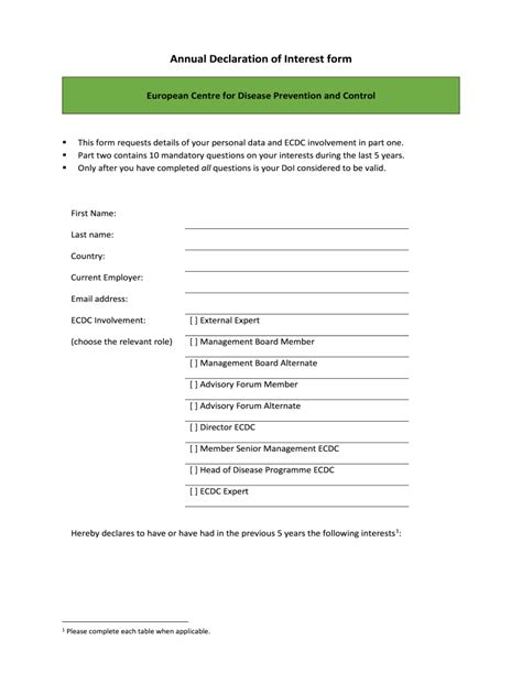 Annual Declaration Of Interest Form ECDC Fill And Sign Printable