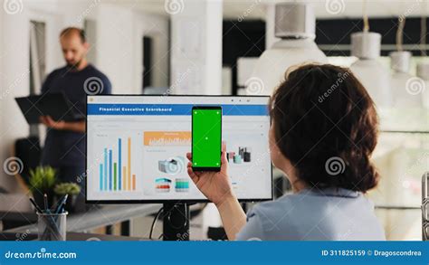 Employee Uses Phone App With Greenscreen Stock Image Image Of Phone