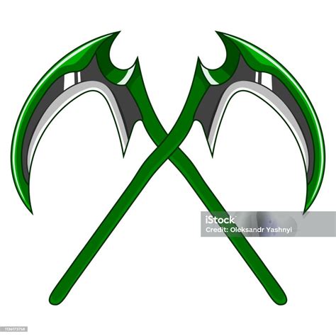 교차 만화 녹색 무기의 낫 흰색 배경에 고립 게임 디자인 장비 죽음의 도구 디자인 게임 카드 웹에 대 한 벡터 일러스트 레이 션 가장자리에 대한 스톡 벡터 아트 및 기타