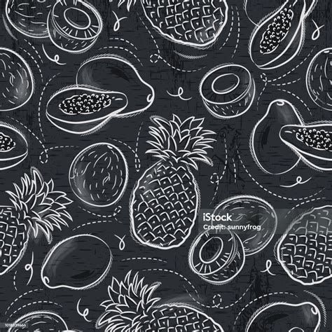 파파야 코코넛과 파인애플 그런 지 칠판에 완벽 한 패턴 직물에 인쇄와 종이 또는 스크랩 예약에 이상적입니다 검은색에 대한 스톡 벡터 아트 및 기타 이미지 Istock