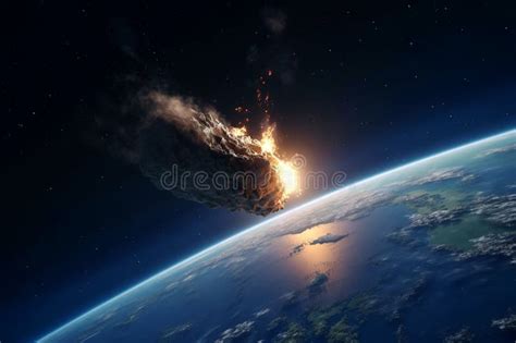 Comet Or Asteroid Meteor Falling To Planet Earth Planet And Big Meteorite In The Space