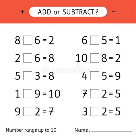 Add Or Subtract Number Range Up To 10 Mathematical Exercises Addition And Subtraction Stock