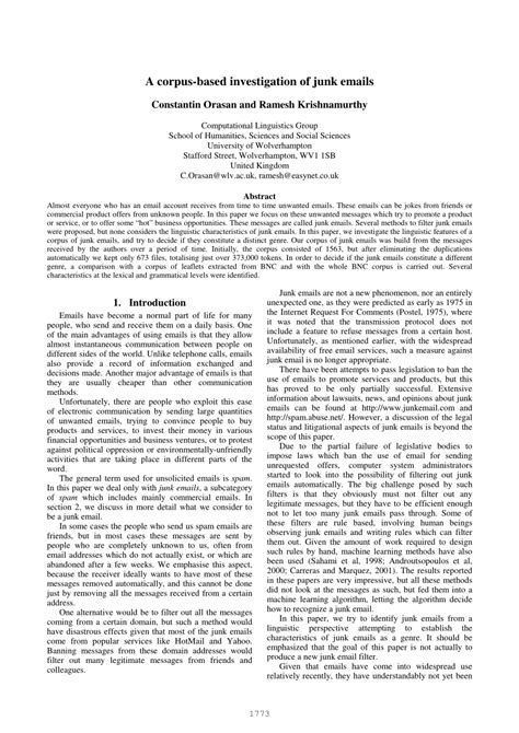Pdf 2002 A Corpus Based Investigation Of Junk Emails
