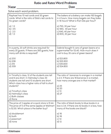 Ratio And Rates Word Problems Math Worksheet For Grade 8 Edumonitor Science Math Language Arts