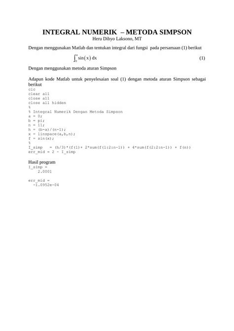 Pdf Integral Numerik Metoda Simpson Tutorial Matlab · Integral Numerik Metoda Simpson Heru