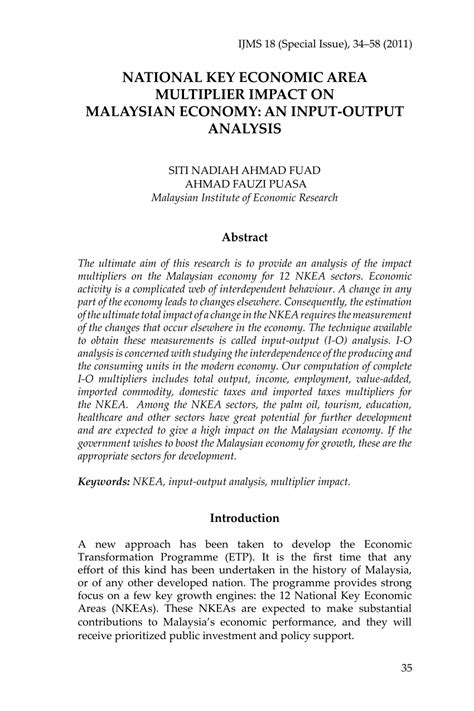 Pdf National Key Economic Area Multiplier Impact On Malaysian Economy An Input Output Analysis