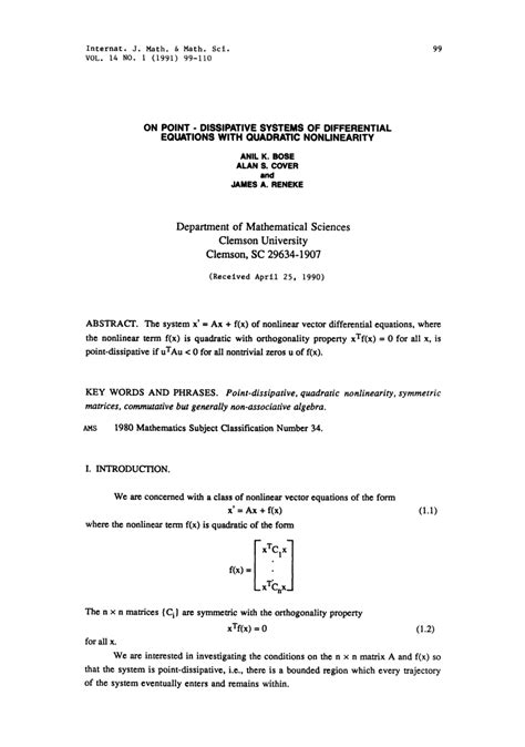 Pdf On Point Dissipative Systems Of Differential Equations With Quadratic Nonlinearity