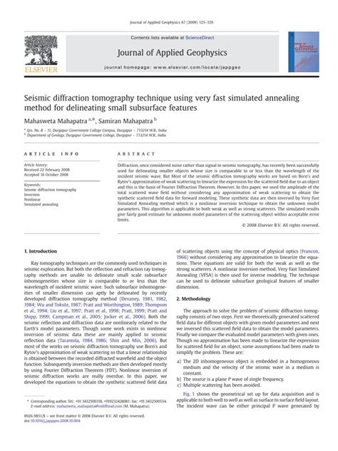 Pdf Seismic Diffraction Tomography Technique Using Very Fast Simulated Annealing Method For