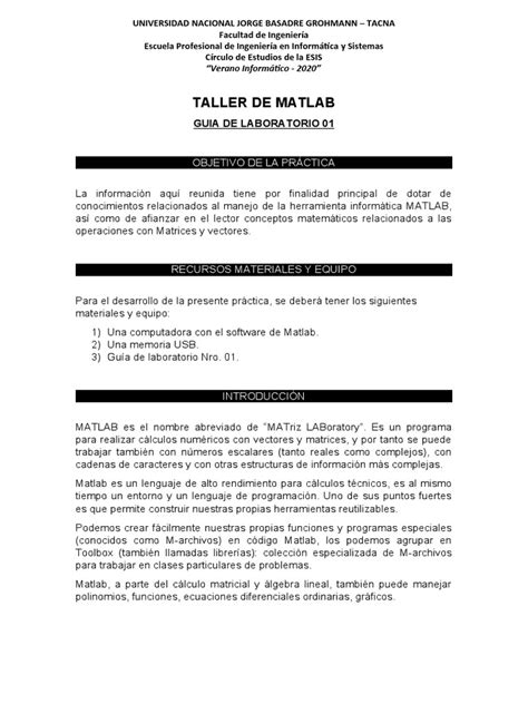 Taller De Matlab Guia De Laboratorio Nro 01 Pdf Matriz