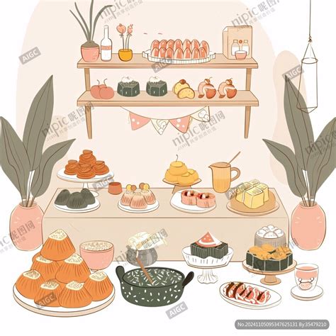 Ai创作图糕点铺插画 甜品区素材 传统糕点铺插画 小饭桌插画 架子桌甜品 自助餐插画 传统糕点插画 年糕店插画 吃糕点插画 苏杭糕点插画 中式点心插画 广式点心插画 酒席插画 宴席插画 甜品