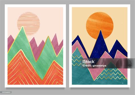 미드 센추리 모던 미니멀리스트 세트 추상적인 자연 바다 하늘 태양 바위 산 풍경 포스터 스칸디나비아 스타일의 기하학적 풍경 배경 벡터 그림 개체 그룹에 대한 스톡 벡터 아트