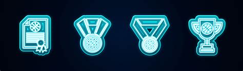 세트 라인 인증서 농구 상 농구 메달 어워드 컵 포함 빛나는 네온 아이콘입니다 벡터 1위에 대한 스톡 벡터 아트 및 기타 이미지