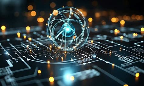 Abstract Digital Representation Of An Atom Surrounded By Glowing Connections On A Dark