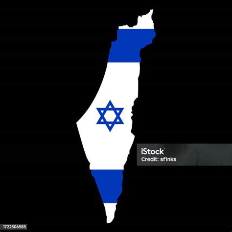이스라엘지도는 데이비드 별과 함께 국기의 색상으로 표시됩니다 벡터 그림은 파란색과 흰색 이스라엘 지도가 검은색 배경에 분리되어 있다 가자 지구에 대한 스톡 벡터 아트 및