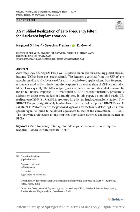 A Simplified Realization Of Zero Frequency Filter For Hardware