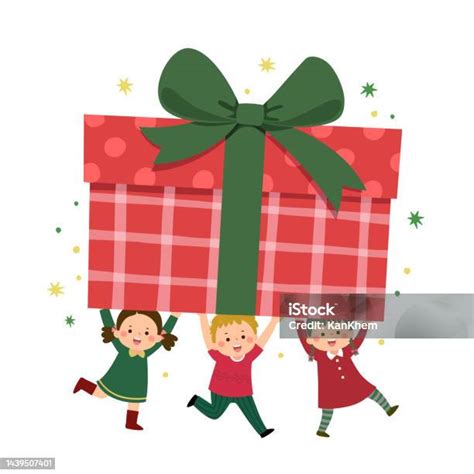 큰 선물 상자를 들고 있는 행복한 아이들 메리 크리스마스와 새해 복 많이 받으세요 카드 등장인물에 대한 스톡 벡터 아트 및 기타
