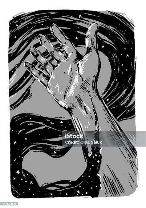 상처에서 추상적 인 우주 흐름으로 손을 잡으십시오 마법과 공간 연결의 개념 흑백 벡터 일러스트레이션 흰색에 고립 된 추상적 인 그림 빈티지 스타일의 예술적 인쇄물 만짐에