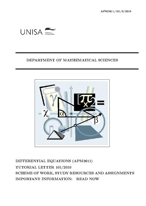Tl 101 2010 Solutions Department Of Mathematical Sciences Differential Equations Apm2611