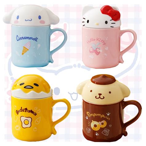 애니메이션 시나모롤 Kt 고양이 푸린 강아지 인형 귀여운 크리에이티브 세라믹 머그잔 커버 포함 카와이 물컵 사무실 커피
