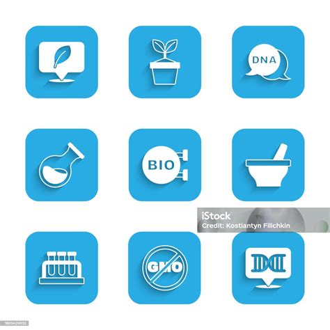 바이오 건강 식품 Gmo 없음 Dna 기호 박격포 및 유봉 시험관 플라스크 및 잎 아이콘이 있는 위치를 설정합니다 벡터 Dna에 대한 스톡 벡터 아트 및 기타 이미지