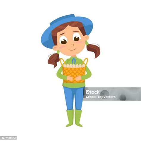 달걀바구니를 들고 귀여운 소녀 농장 만화 스타일 벡터 일러스트레이션에서 일하는 작은 아이 농부에 대한 스톡 벡터 아트 및 기타 이미지 농부 농장 달걀 Istock