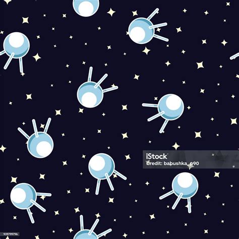 우주 위성 지구와 별 밤 코스모스 원활한 패턴 배경에서 진한 파란색 배경에 위성 우주 공간을 비행 하는 패턴 거리가 먼에 대한 스톡 벡터 아트 및 기타 이미지 Istock
