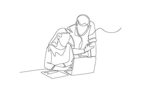 노트북 coworking 개념 단일 선 그리기 디자인 벡터 그래픽 그림으로 프로젝트에 대한 작업 및 토론을 수행하는 젊은 남성과