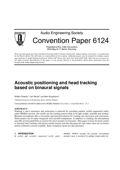 Pdf Acoustic Positioning And Head Tracking Based On Binaural Signals