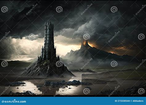 Mordor Landscape With Tower And Stormy Sky Symbolizing The Dark Forces