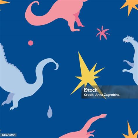 짙은 파란색 배경에 화려한 공룡과 별 귀여운 벡터 원활한 패턴 0명에 대한 스톡 벡터 아트 및 기타 이미지 0명 고등학교 이하 고생물학 Istock