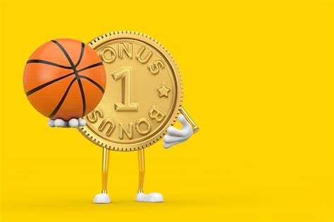 농구 공을 가진 황금 충성도 프로그램 보너스 동전 사람 캐릭터 마스코트 3d 렌더링 가죽에 대한 스톡 사진 및 기타 이미지
