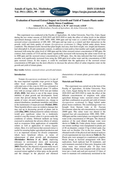 Pdf Evaluation Of Seaweed Extract Impact On Growth And Yield Of Tomato Plants Under Salinity