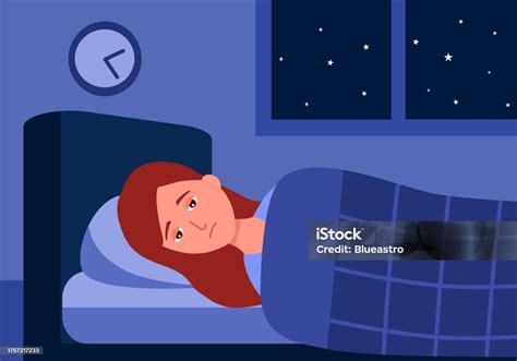 침대에 누워 잠에서 깬 여자는 불면증에 시달리고 있습니다 지친 여성 불면증 환자는 밤 침실 디자인에서 눈을 뜨고 잠들려고 합니다 멜라토닌 담요에 대한 스톡 벡터 아트 및