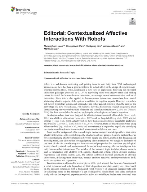 Pdf Editorial Contextualized Affective Interactions With Robots