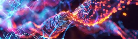 Abstract Digital Dna Strand With Vibrant Colors And Glowing Particles Representing Genetic