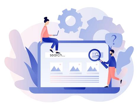 Seo 검색 엔진 최적화 개념 집합입니다 플랫 만화 스타일입니다 벡터 일러스트 레이 션 프리미엄 벡터