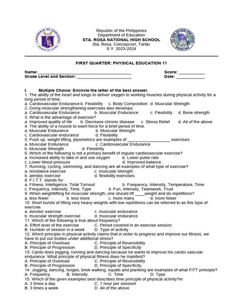 Pe Exam Pdf Physical Fitness Strength Training