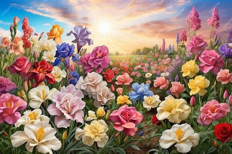 Flower Farm Garden Iris Multicolored Roses Daisies Fairy Tales Bright