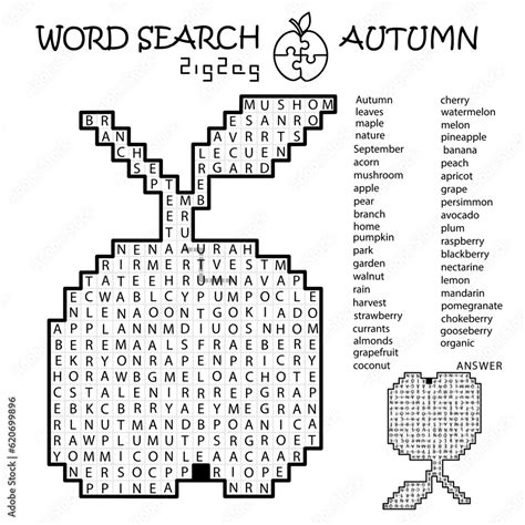 Zigzag Word Search Crossword Apple With Leaf Autumn Words Go Right Left Down Up At Right