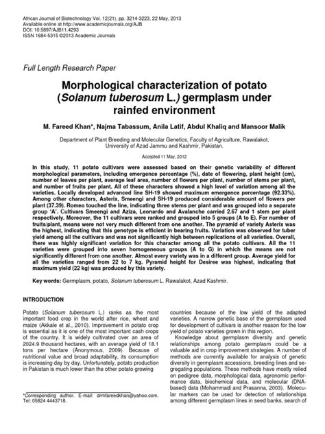 Morphological Characterization Of Potato Solanum Tuberosum L